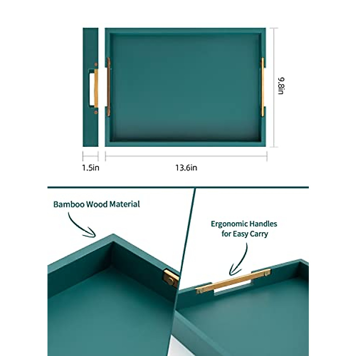 Kanwone Decorative Tray , 13.6"x9.8" Serving Tray, Rectangle Ottoman Tray with Gold Polished Metal Handles, Coffee Table Trays for Living Room Kitchen and Home Decor, Green