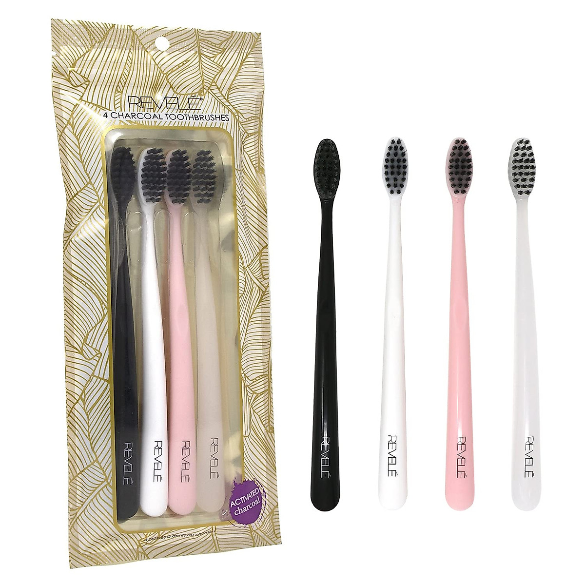 Revele: Pack of 4 Dentist Approved Charcoal Infused Toothbrushes, Clean and Sleek, 4 Colors, Toothbrushes for Men and Women