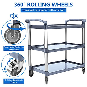 Service Cart Heavy Duty 3-Shelf Rolling Utility/Push Cart with Lockable Wheels, 360 lbs. Capacity, Black, for Foodservice/Restaurant/Cleaning (Grey)