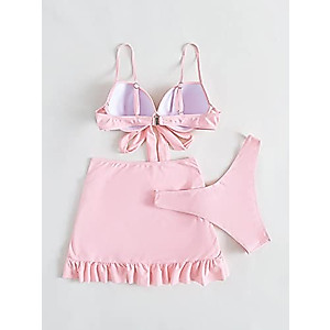 WDIRARA Women's 3 Pieces Tie Front Push Up Bikini Swimsuit with Ruched Ruffle Hem Beach Skirt Pink L