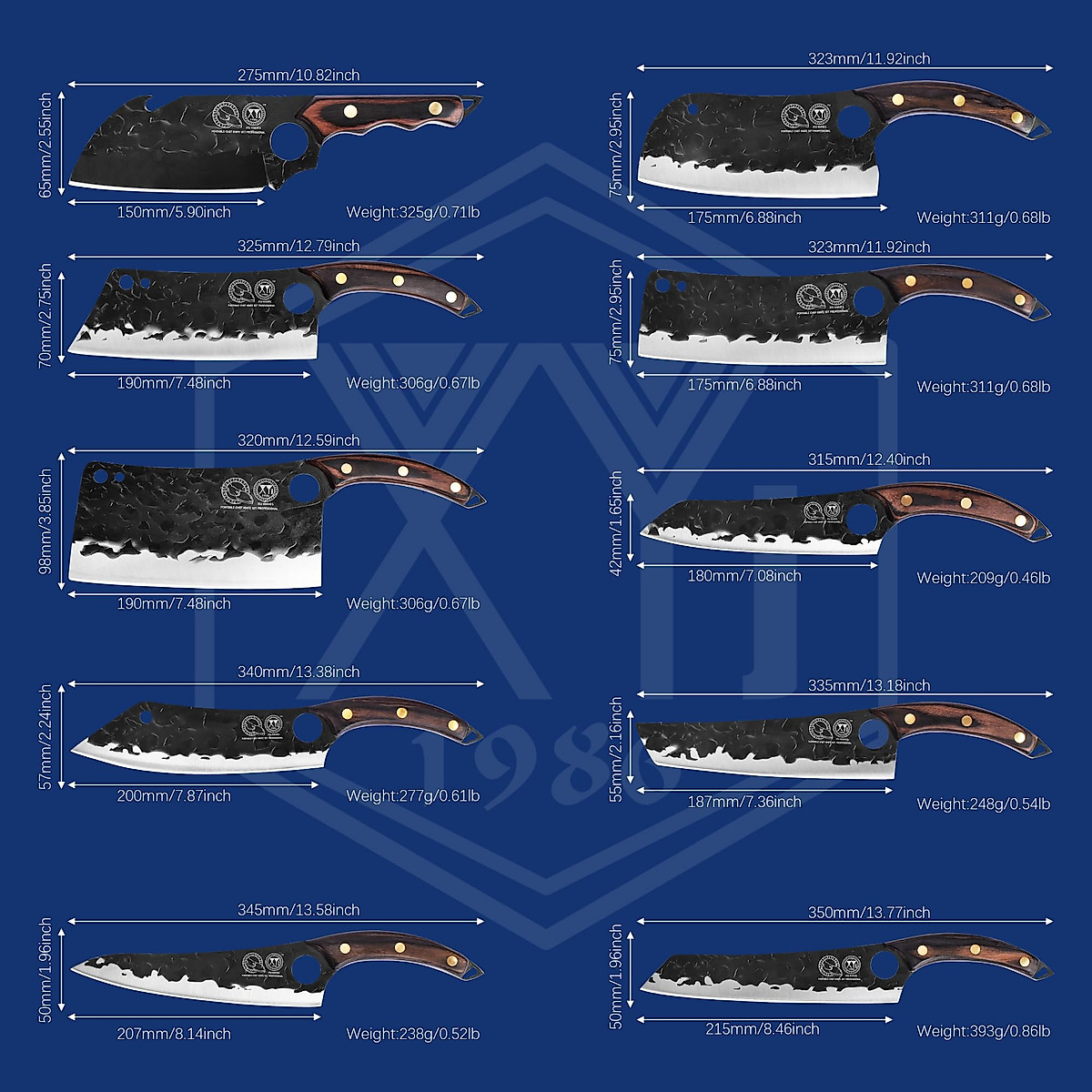 XYJ 10-pcs Kitchen Knife Set,Forged Chef Knives,Vegetable Meat Cleaver,Carving,Nakiri,Full Tang,Cutlery Knife With Carry Bag,&Poultry Scissor (Coffee)