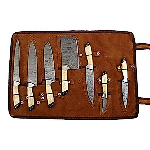 GladiatorsGuild G26- Professional Kitchen Knives Custom Made Damascus Steel 7 pcs of Professional Utility Chef Kitchen Knife Set with Chopper / Cleaver White & Black