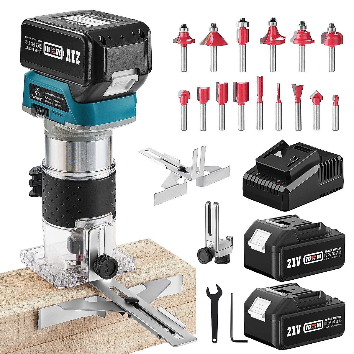 Avhrit Cordless Compact Router, Wood Router Tool With 2PCS 4.0Ah Batteries, 21V Brushless Portable Handheld Palm Routers for Woodworking, Wood Trimmer Cutting with 15 pieces 1/4" Router Bits Set