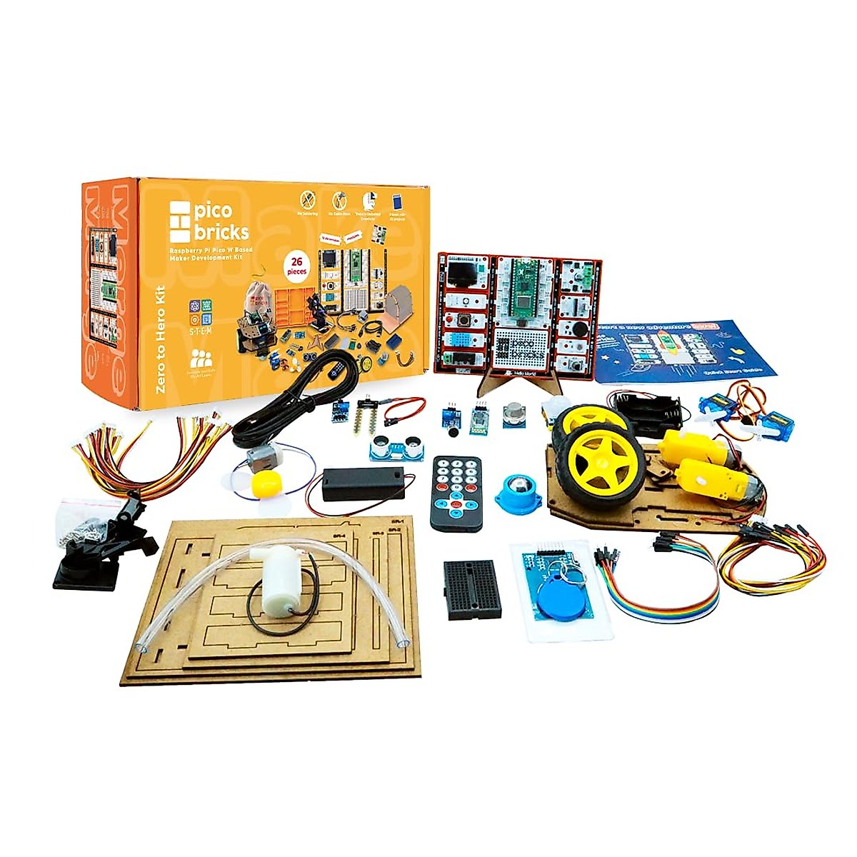 PicoBricks Raspberry Pi Pico W Starter Kit - 26 Pieces DIY Project Kit with 3 Learning Book and 25 Project Videos, Raspberry Pi Starter Kit, Raspberry pi pico, Raspberry pi kit
