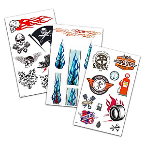 Racing Cars Race Car Sticker Party Favor Pack for Kids, Adults - Bundle with 9 Racing Sticker Sheets for Crafts, Scrapbooking, Party Decor (Blue Flame, Skull, Garage, and Checkered Flag Stickers)