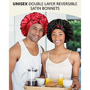 Satin Bonnet Silk Hair Bonnets for Women Curly Hair Wrap for Sleeping Cap Reversible Bonnet with Tie Band Night Cap Double Layer Sleep Cap for Curly Hair (Double-Layer Satin Bonnet (Black + Red)