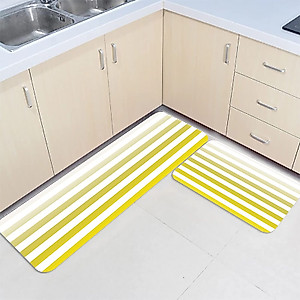 Yellow White Striped Kitchen Mat Set of 2, Cushioned Anti-Fatigue Kitchen Rugs, Waterproof & Non-Slipping Kitchen Mat for Floor, Durable Kitchen Rugs and Mats for Kitchen & Laundry, Gradient Color
