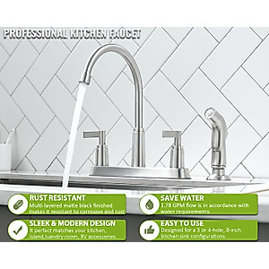 Kitchen Faucet with Sprayer, Brushed Nickel Stainless Steel Kitchen Sink Faucet with Side Sprayer, 3 Hole or 4 Hole Faucet for Kitchen Sink, Commercial RV Laundry Utility Kitchen Faucet KMF023L-1