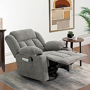 Ketaiyou Rocker Swivel Recliner Chair for Adults, Overstuffed Large Manual Recliner Glider with Massage and Heat, Comfy Soft Fabric Living Room Reclining Sofa Chair(Lime Gray)