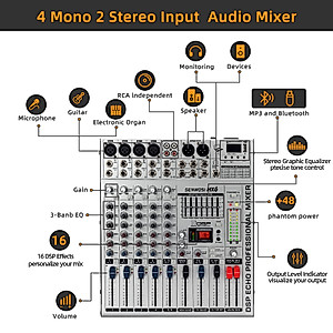 SENWOSI 6-Channel All-metal panel Audio Mixer, BT USB PC Recording Input, 16 DSP Effects, Stereo Equalizer,48V Power Supply,4 Mono 2 Stereo Input, Studio Or Live (MX-6)
