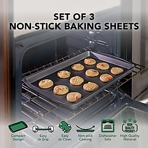 Nifty Cookie & Baking Sheets (Set of 3) – Non-Stick Coated Steel, Dishwasher Safe, Oven Safe up to 450 Degrees, includes Large/Med/Small Pans