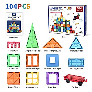 Gentle Monster Magnetic Tiles Building Blocks, 104PCS Magnet Blocks 3D Construction Toys for Kids Toddlers, Educational STEM Toys for Boys and Girls with 2 Cars