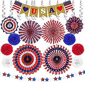 OEAGO 4th of July Decorations Decor Patriotic Memorial Day Decorations Red White Blue Paper Fans Love USA Banner Flower Balls Pom Poms Hanging Swirls Star Streamer Independence Flag Day Party for home
