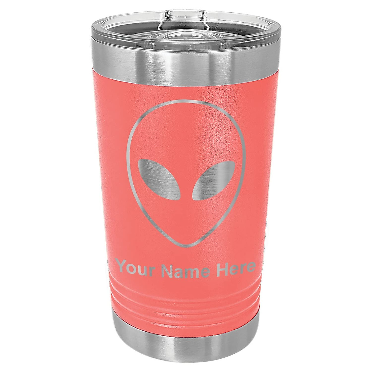 LaserGram 16oz Vacuum Insulated Pint Tumbler, Alien Head, Personalized Engraving Included (Coral)