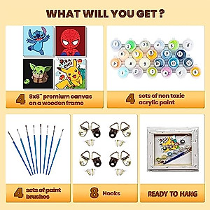 xackcme 4 Pack Cartoon Paint by Number for Kids with Wooden Frame-Cartoon Paint by Numbers for Kids Ages 4-8-12,Easy Paint with Numbers DIY Acrylic Oil Painting Kits for Home Wall Decor(8X8inch)