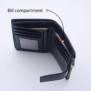 Bveyzi Women's Small Leather RFID Blocking Bifold Zipper Pocket Wallet Ladies Credit Card Slots Purse with id Window(Black)