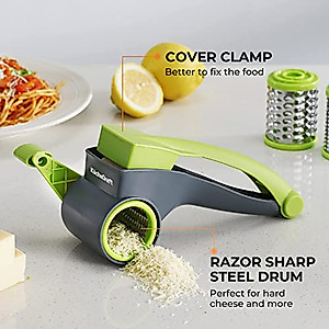 KucheCraft Cheese Grater with Handle, Kitchen Parmesan Cheese Grater with 2 Stainless Steel Drums, Rotary Cheese Grater Handheld for Grating and Shredding Hard Cheese, Chocolate, Nuts