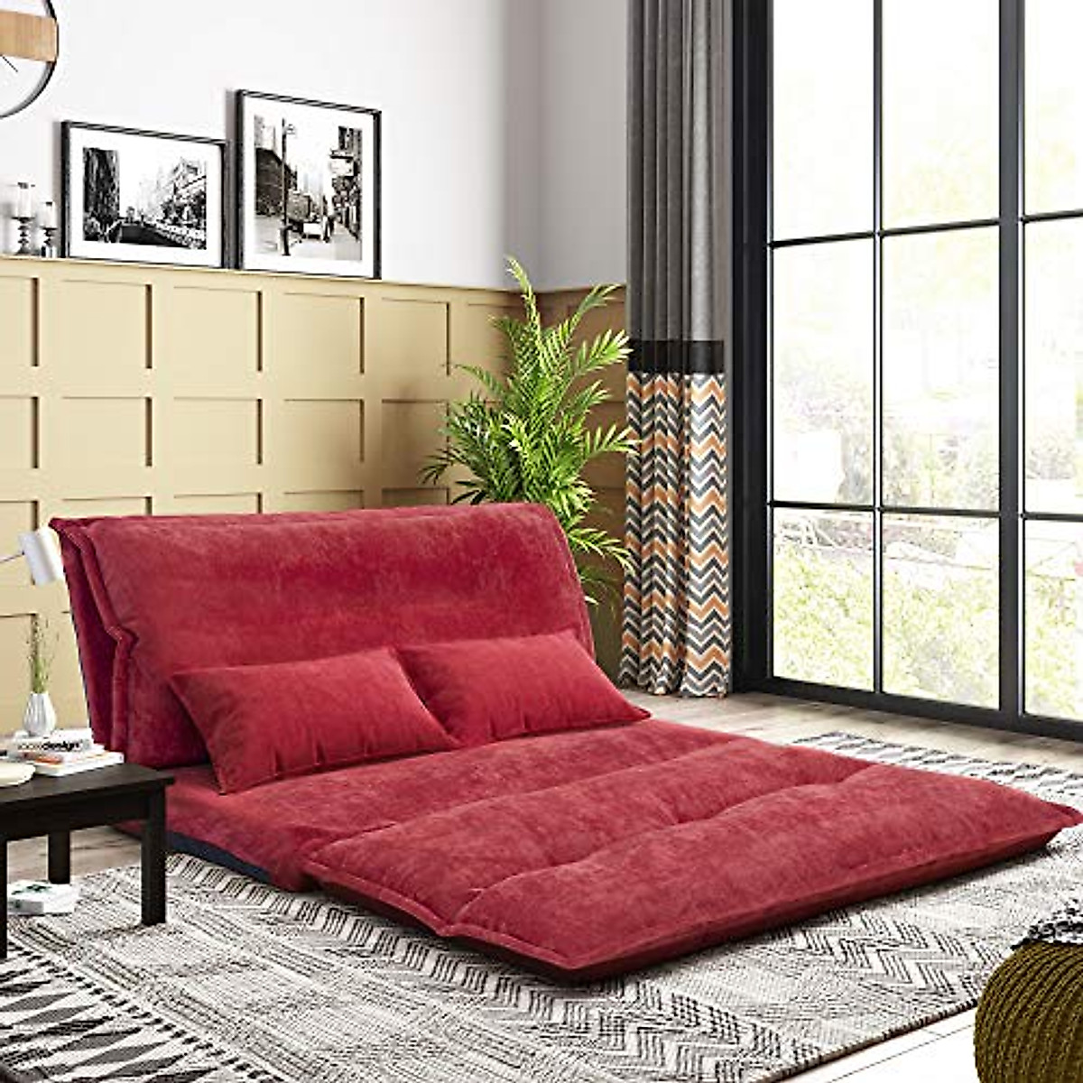 HEPMIMZHU Adjustable Floor Sofa, Foldable Lazy Sofa Sleeper Bed 5-Position Adjustable, Cloth Cover, Floor Sofa Couch with 2 Pillows for Bedroom, Living Room, Balcony (Red)