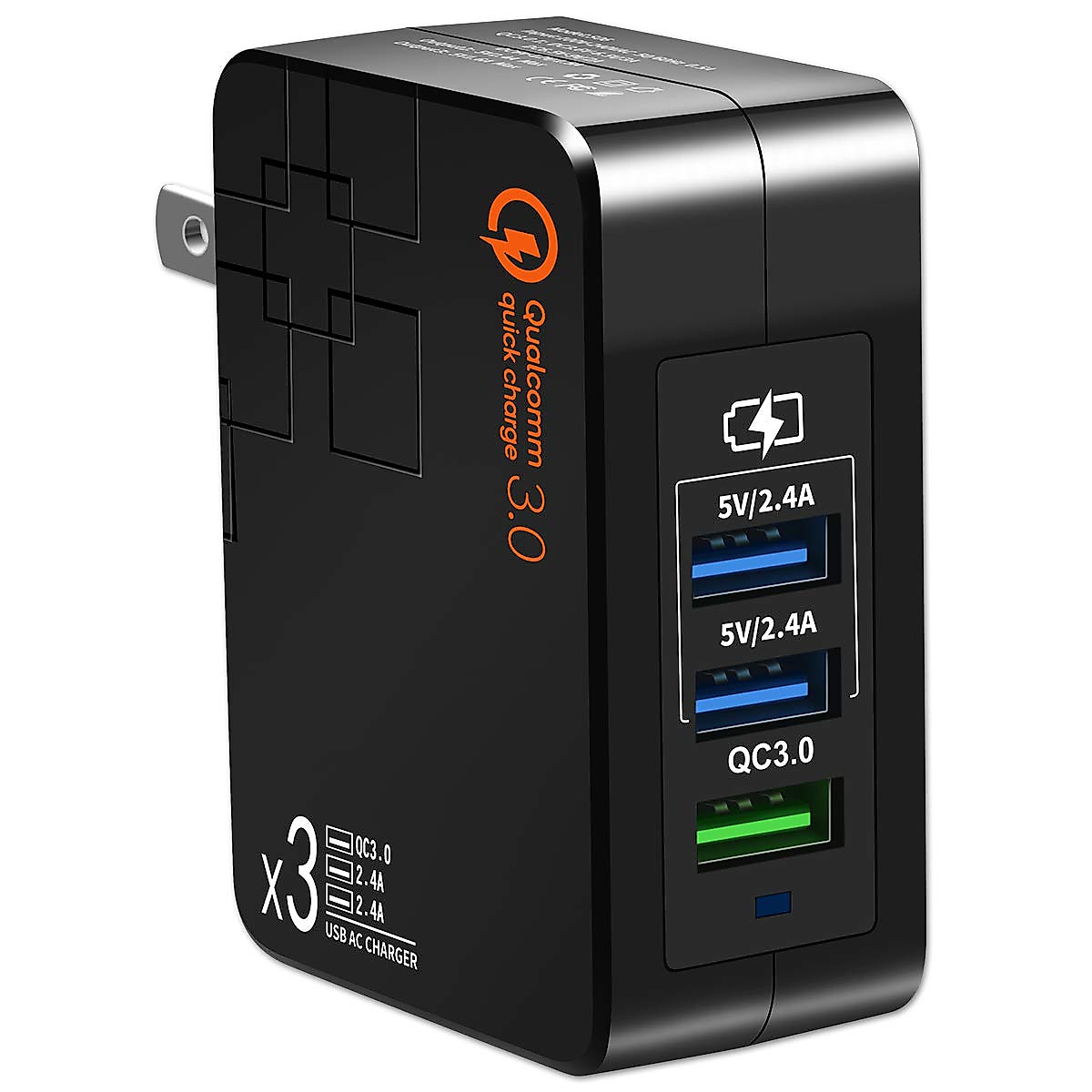 Fast Charge 3.0 USB Wall Charger (3A Max.) with Dual 5V/2.4A USB Ports (Total 4A), Portable 38W QC3.0 USB Charger Power Adapter with Foldable Plug for iPhone XS/Max/XR/X/8/7/6s/Plus, iPad Pro-Black.