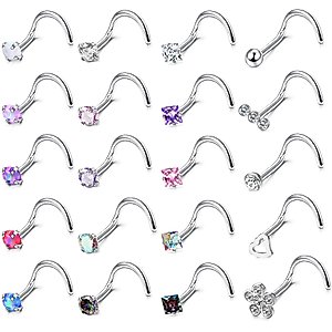 Besteel 20 Pcs Hypoallergenic 20G Nose Rings for Women Men Cubic Zirconia Stainless Steel Nose Studs Set Labret Lip Nostril Piercing Jewelry Multicolor 2mm Screw