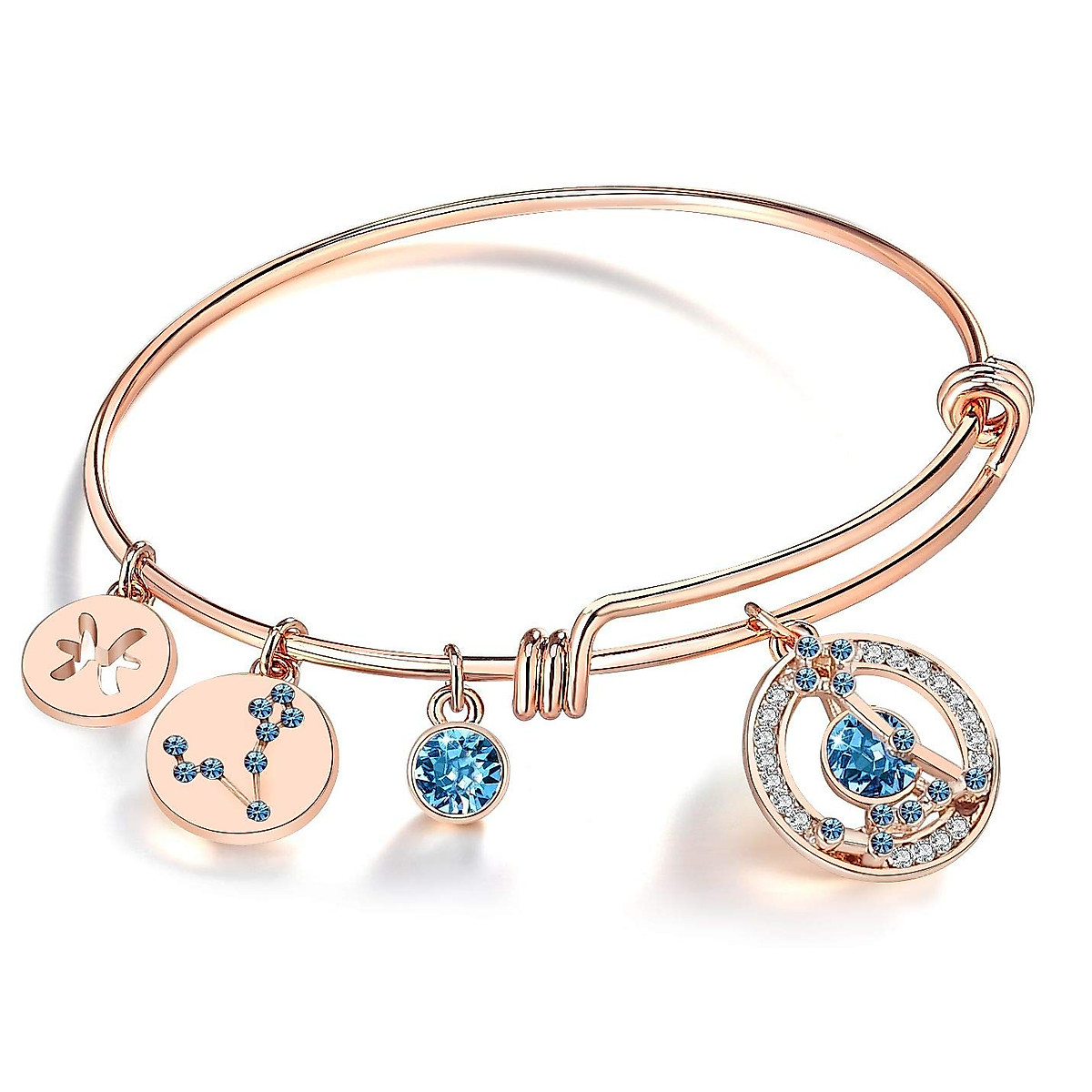 Leafael Superstar Pisces Zodiac Expandable Bangle Crystal Bracelet Horoscope Constellation Feburary March Birthstone Jewelry Gifts for Women, Rose Gold Plated, 7"