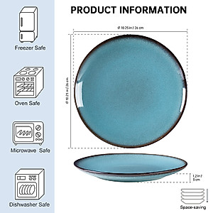 HENXFEN LEAD Dinner Plates Set of 4, Large Serving Dishes 10 Inch for Steak, Salad, Pasta - Stoneware Dinnerware Sets Dishwasher, Microwave, Oven Safe, Aqua