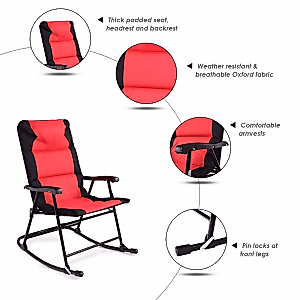 Tangkula 3 Pieces Folding Bistro Set, Outdoor Rocking Chairs with Round Table Set, Foldable Chairs & Glass Top Coffee Table, Patio Folding Furniture Set for Backyard, Garden, Poolside, Porch (Red)