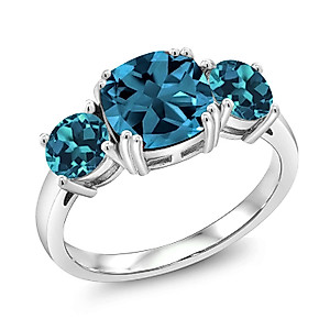 Gem Stone King 925 Sterling Silver London Blue Topaz 3 Stone Engagement Ring For Women (3.74 Cttw, Gemstone November Birthstone, Cushion 8MM, Size 6)