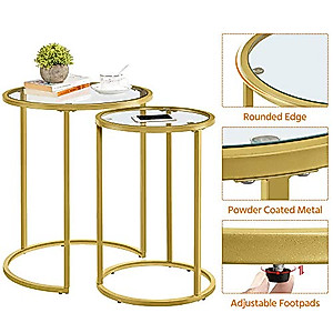 Yaheetech Round Nesting Side Table Stacking Coffee Table, Set of 2 Circular Modern End Tables w/Metal Frame & Tempered Glass Top & Protective Foot Pads for Small Space Living Room Bedroom Office