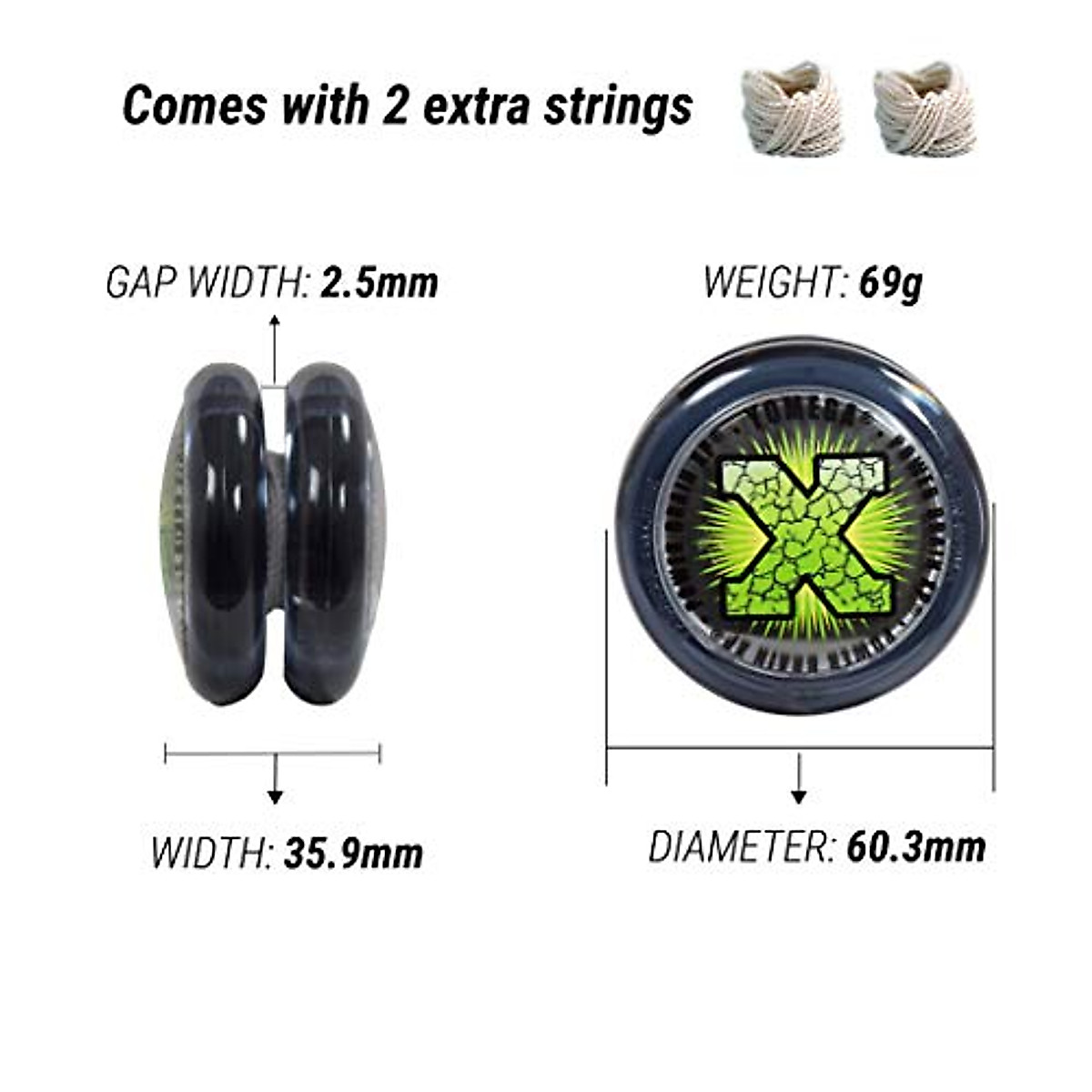 Yomega Power Brain XP yoyo - Professional yoyo with a Smart Switch which enables Players to Choose Between Auto-Return and Manual Styles of Play. + Extra 2 Strings & 3 Month Warranty (Grey)