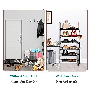 Shoe Rack Storage Organizer 5 Tiers Free Standing Metal Shoe Shelf with Side 3 Shoes Pockets, 10-17 Pairs Vertical Space Saving Stackable Tall Shoe Rack for Entryway, Hallway, Closet and Living Room