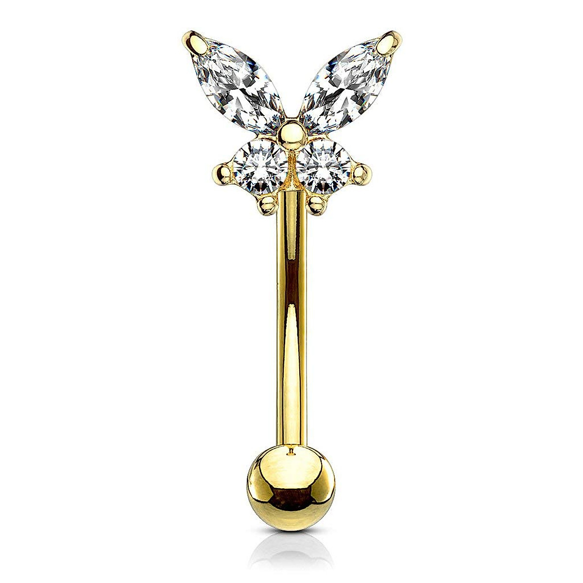 Forbidden Body Jewelry 16g 8mm Curved Barbell for Daith, Eyebrow, Rook & Belly Button w/CZ Butterfly Top, Clear/Gold Tone