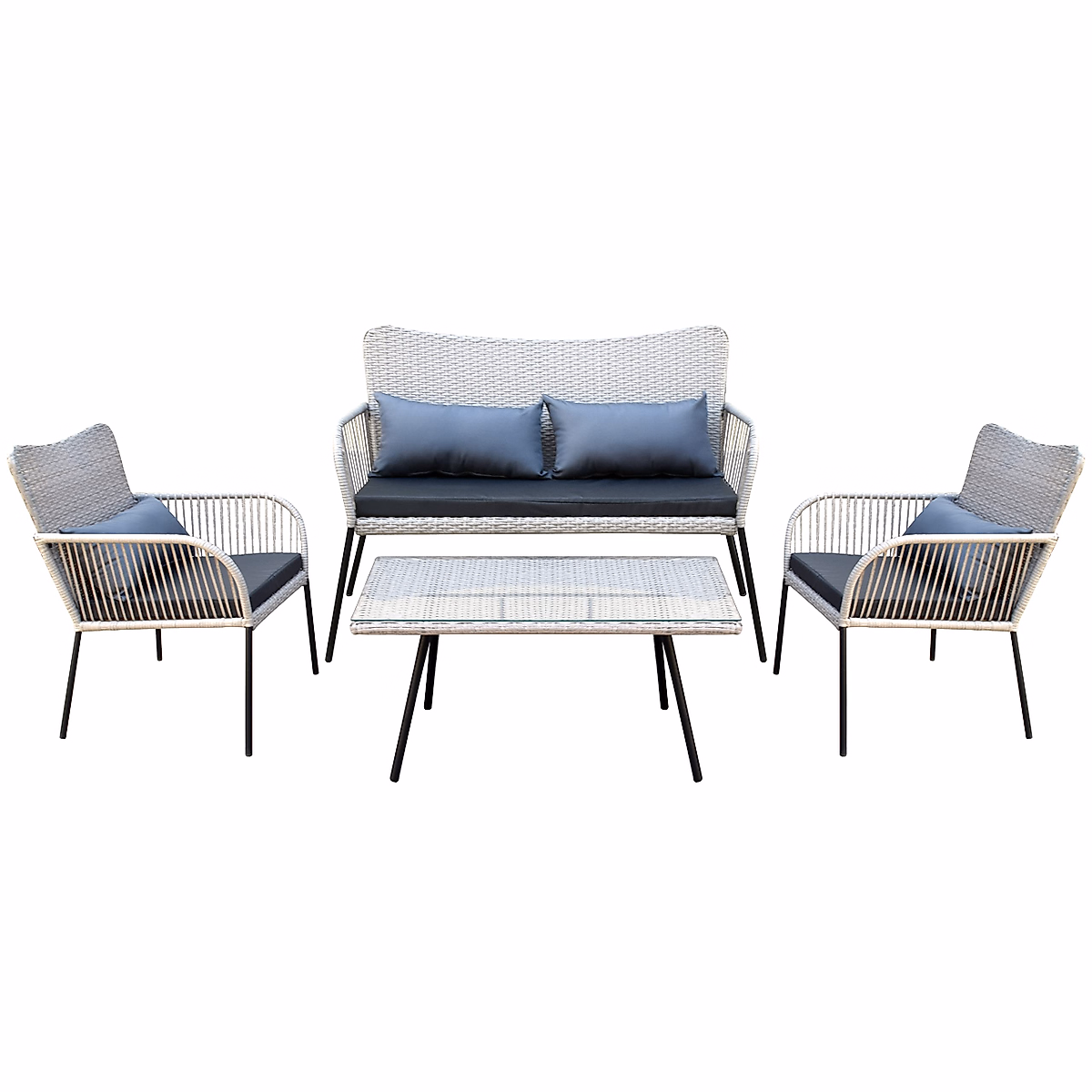 SereneLife SL4PCGR51.3 4 Pcs. Patio Outdoor Rattan Furniture Set-Includes 1 Double 2 Single Chairs with Soft Cushion, and 1 Glass-top Coffee Table Gray, Light Grey