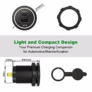 DAMAVO YM1218 USB Type C 28W Fast charger Waterproof with Cap Type C USB Car Charger Socket 9V-36V for Car, Boat, Golf Cart, Bus, RV, Golf, Automotive Marine ATV Truck