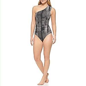 Calvin Klein Women's Standard Shoulder Strap Starburst Pleating Removable Soft Cups One Piece, Black Multi Dry Brush