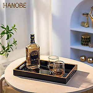 Hanobe Decorative Serving Tray Black: Coffee Table Tray with Handles for Ottoman Home Decor Modern Gold Rim Glass Drink Trays for Kitchen Counter Decanter Bar, Easy to Clean