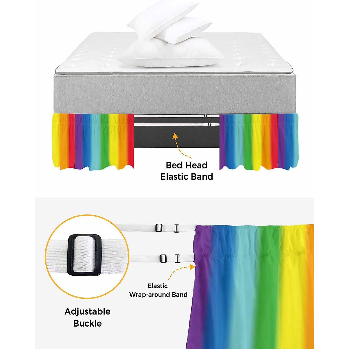 Rainbow Bed Skirt Queen Size 16 Inch Drop, Adjustable & Elastic Wrap Around Bed Skirts Pleated Luxury Dust Ruffles for Twin Full Queen Cal King Base Bed, Abtract Ombre Colorful Geometric Stripes