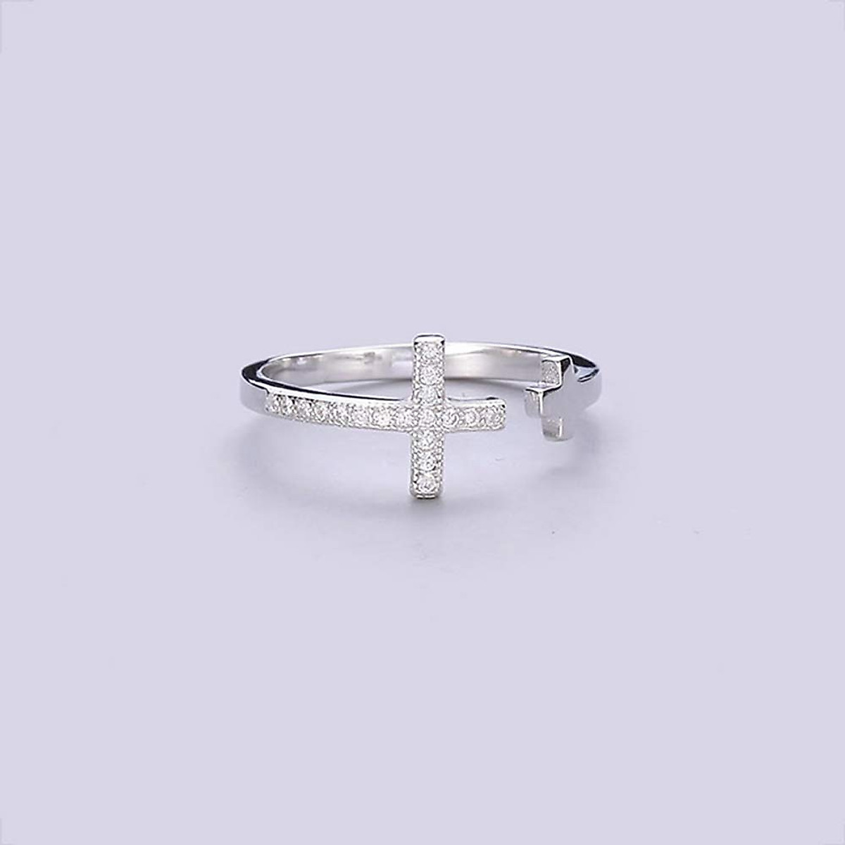 NewZenro Double Cross Faith S925 Sterling Silver CZ Crystal Opening Ring for Women Dainty Adjustable Statement Engagement Finger Christian Finger Rings Jewelry Gifts Birthday Bff