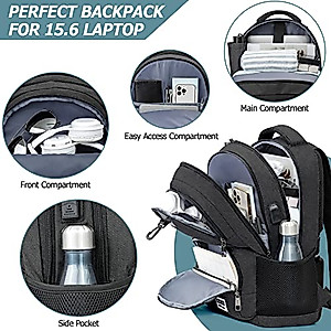 Backpack for Men, Travel Laptop Backpack for College, Computer Bag with USB Charging Port Fits 15.6 Inch Laptop, Water Resistant Durable Bookbag, Business Anti Theft Back Pack Gifts, Black