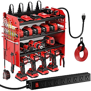 POKIPO Power Tool Organizer Wall Mount with Charging Station,Tool Storage Rack with 8 Outlet Power Strip,Heavy Duty Metal Battery Utility Rack with 4 Cordless Drill Holder 6.56 Ft Cord for Garage