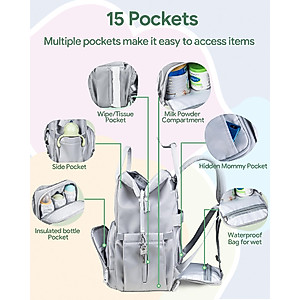 AUYRE Diaper Bag Backpack Large Diaper Bag Travel Backpack with Insulated Pockets & Stroller Straps Baby Shower Gifts Large Capacity, Waterproof, Grey