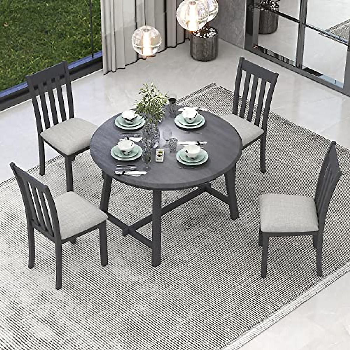 BIADNBZ 5-Piece Dining Table Set with Round Extendable Tabletop and 4 Padded Chairs, Modern Kitchen Furniture for DiningRoom, Space Saving Design, Gray