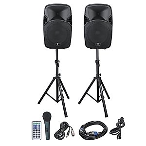PRORECK Party 12 Portable 12-Inch Woofer 2-Way Powered PA Speaker System Combo Set with Bluetooth/USB/SD Card Reader/FM Radio/Remote Control/Speaker Stand