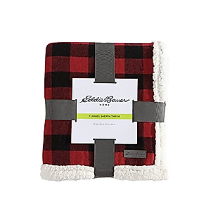 Eddie Bauer,Polyester Throw Blanket with Pillow Reversible Flannel/Sherpa Bedding Set, Buffalo Plaid Home Decor for All Seasons, 1 Count (Pack of 1), Red/Black Check
