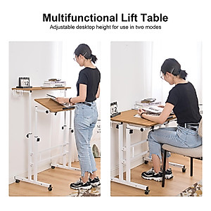 soges Rolling Standing Desk, Height Adjustable Home Office Desk, Mobile Sit-Stand Laptop Desk with Cup Holder and Hook, Portable Desk with Wheels, Oak