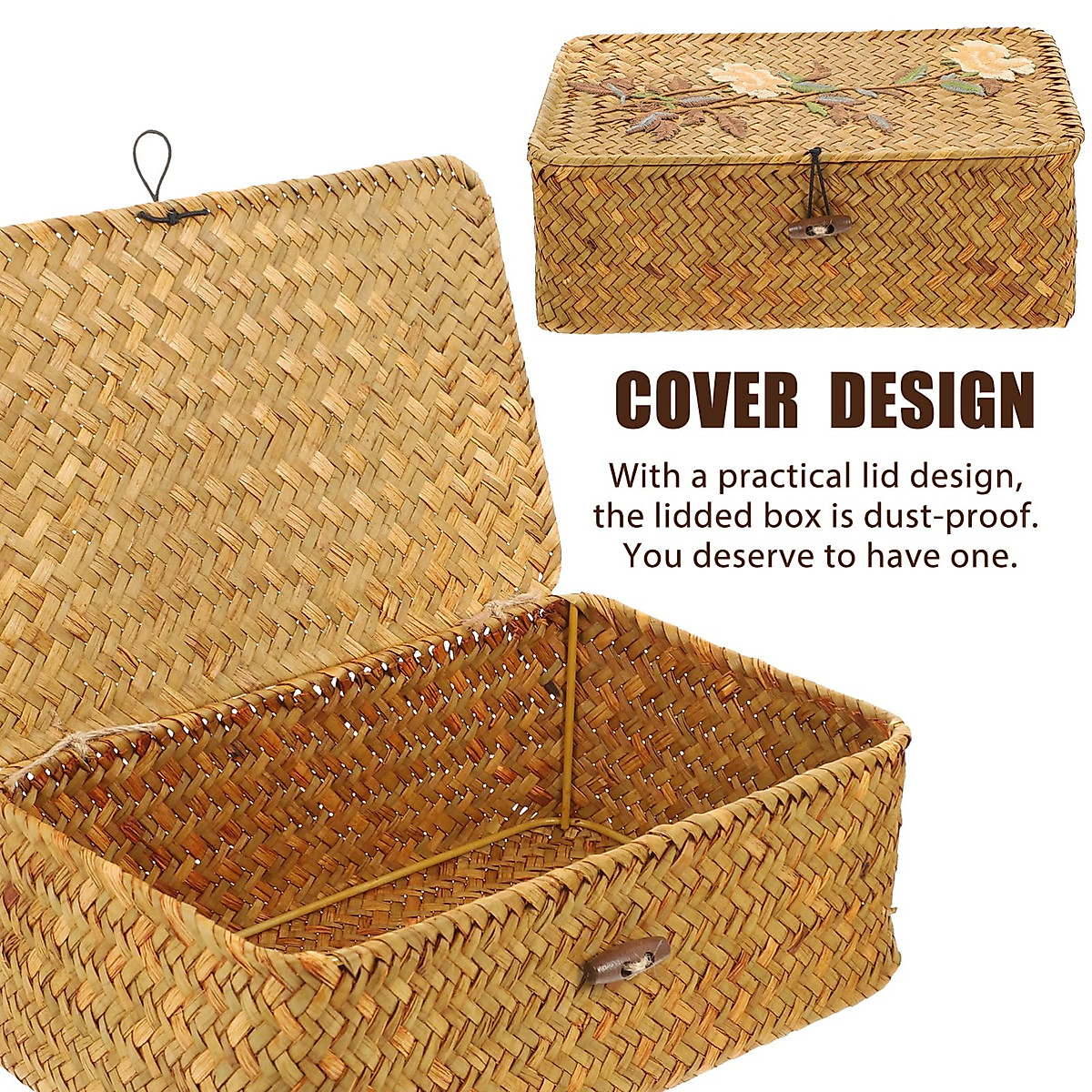 Zerodeko Seagrass Rattan Storage Basket Weaving Storage Box Wicker Basket Embroidery Pattern Storage Box Rectangular Makeup Organizer Container with Lid Shelf Baskets M
