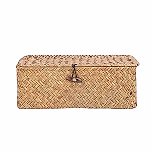 Seagrass Storage Basket, Rectangular Seagrass Basket, Natural Seagrass Storage Basket Woven Rectangular Shelf Basket Bins with Lids Desktop Organizer Wicker Baskets for Organizing(S)