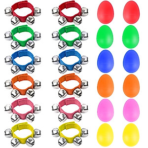 Augshy 24 Packs Shaker Musical Instruments for Kids, 12 Packs Egg Shaker and 12 Packs Wrist Hand Band Jingle Bells