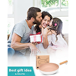 BUNDLEPRO Nonstick Frying Pan, Granite Coating Skillet with Wooden Handle, 9.4'' Induction Compatible White Aluminum Cookware for Cooking Fish, Egg, Chicken, Steak,Vegetables