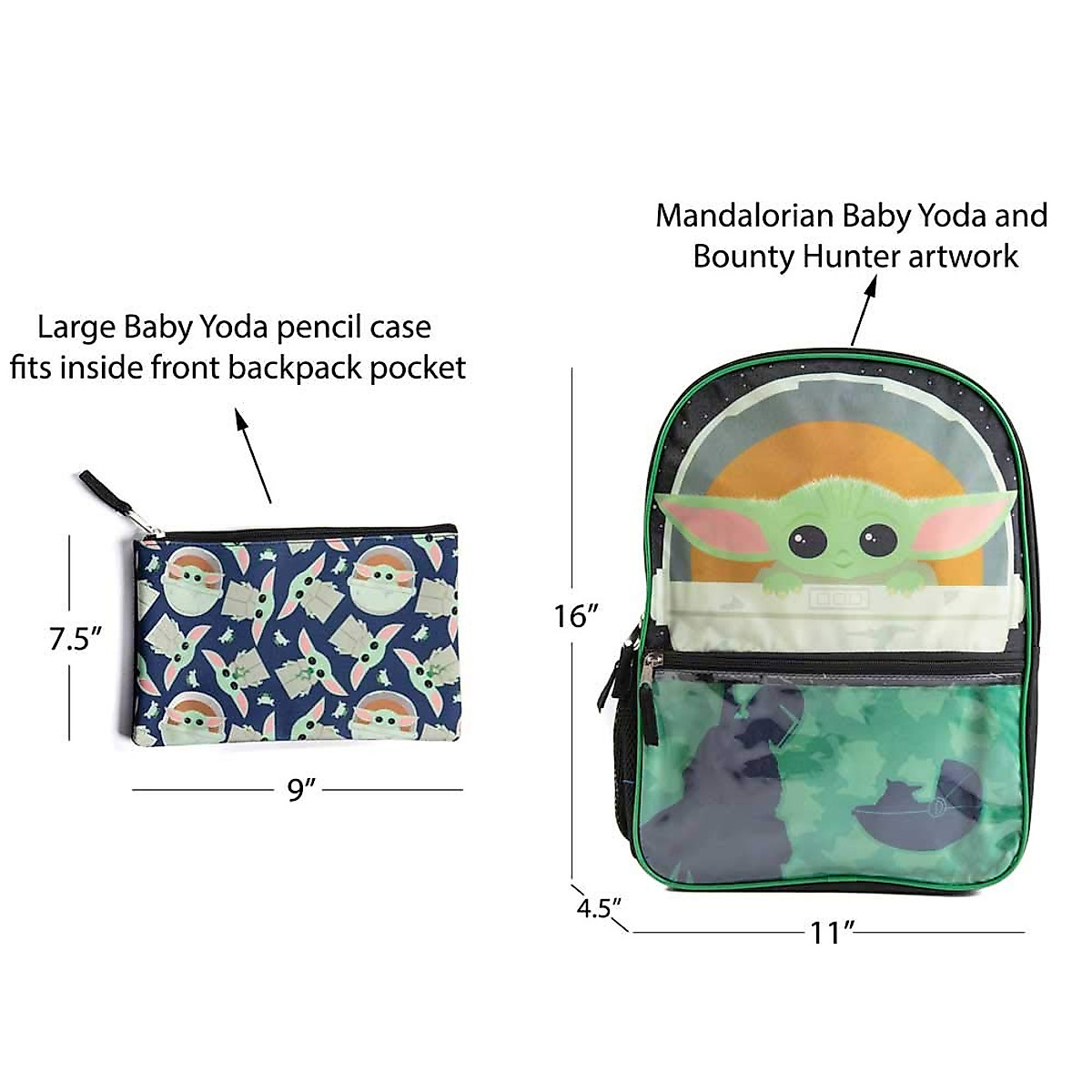 RALME Star Wars Mandalorian Baby Yoda Backpack Set for Kids, 16 inch, 5 Piece Value Set Green